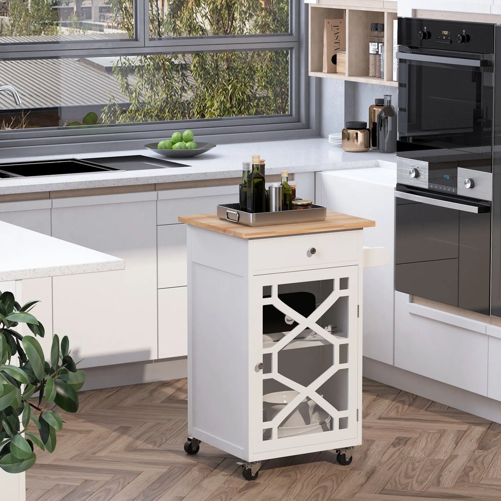 HOMCOM Servisní vozík - kuchyňský vozík na kolečkách - zásuvka, skříňka, držák na utěrky - rozměry 63L x 45W x 86H cm - bílá dřevěná konstrukce