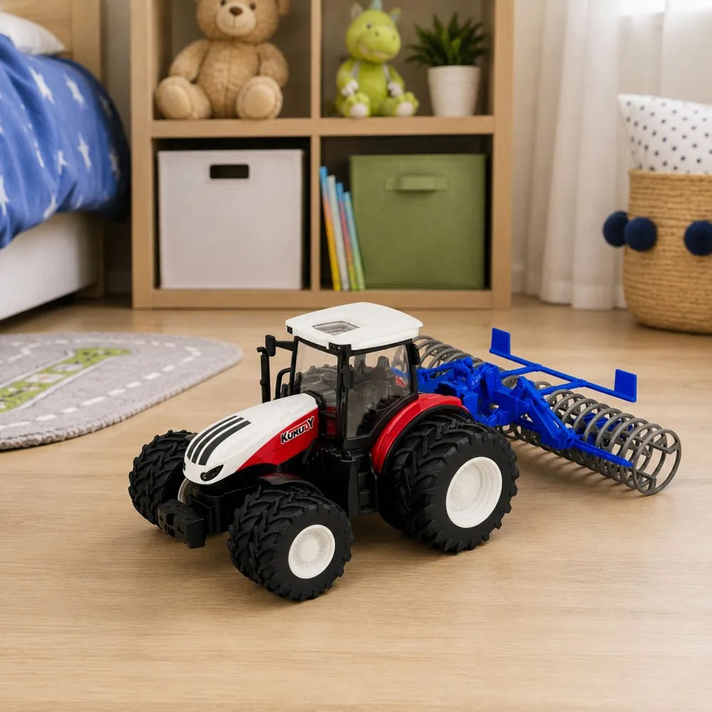 LEAN Toys Traktor se zemědělským válcem, dálkově ovládaný RC, červená světla, měřítko 1:24