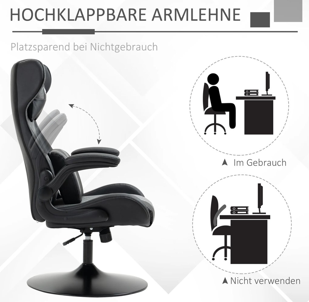 Ergonomická herní židle Vinsetto s nastavitelnou výškou, kulatou základnou, sklápěcími opěrkami, podhlavníkem a bederními polštáři, PU šedá černá