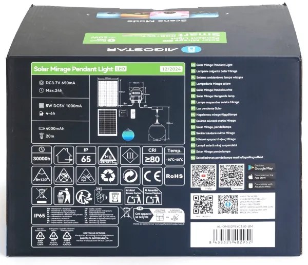 Aigostar-LED RGBW Solární lustr MESH 20W/3,7V 4000 mAh 2700K-6500K IP65 pr. 15 cm