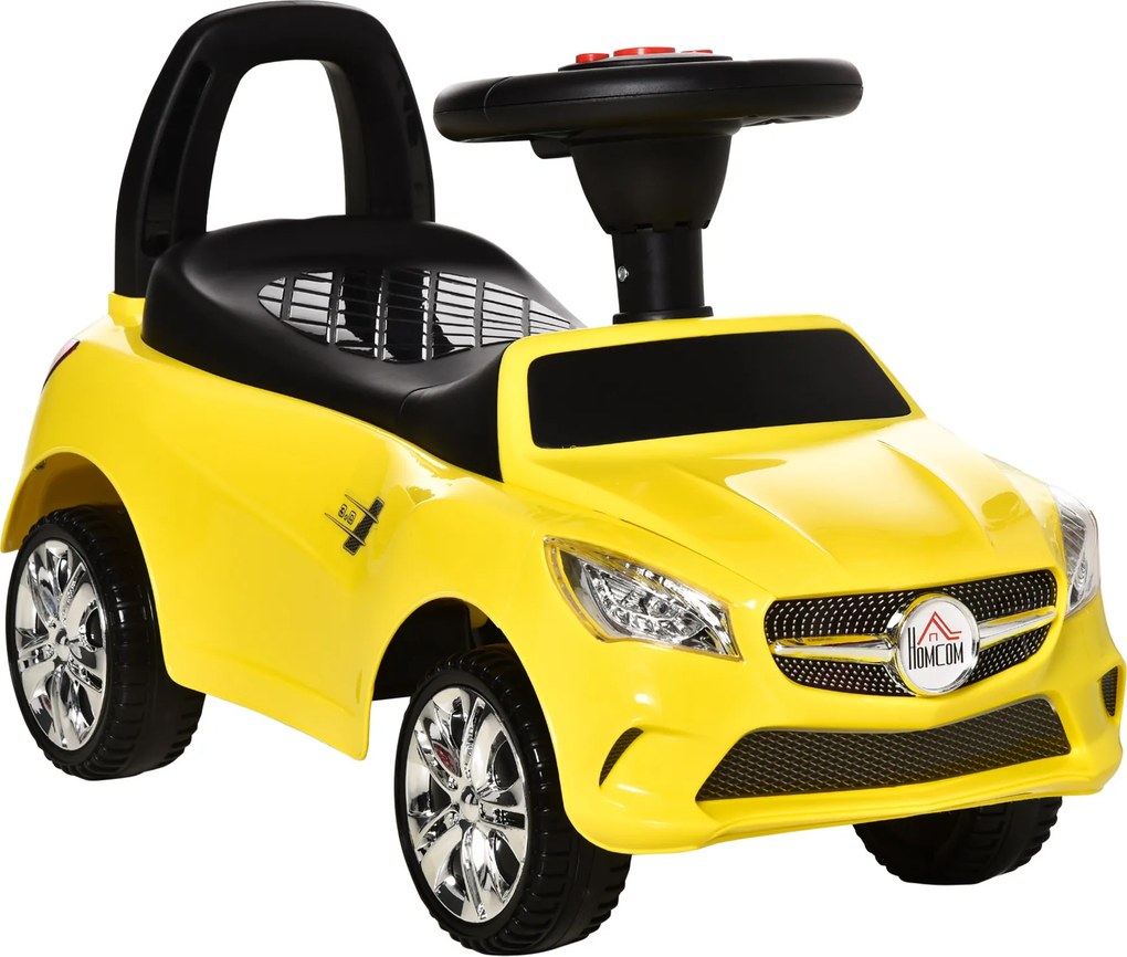 HOMCOM Dětské odrážedlo s volantem, světly a integrovanou hudbou, auto pro děti z PP a kovu, 63,5x28x36 cm, žluté