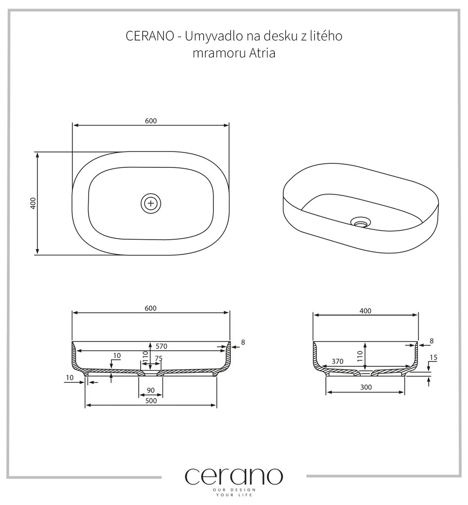 Cerano Atria, umyvadlo na desku z litého mramoru 600x400x130 mm, černá matná, CER-CER-WB17B