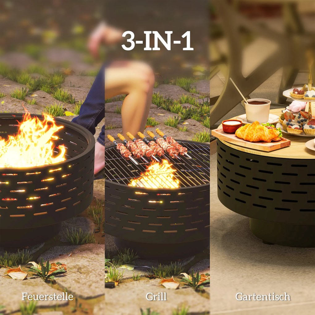 ohniště 3 v 1 Ø60 x 39 cm z nerezové oceli s grilovacím roštem s ochranou proti jiskrám poker uhlíkově šedé