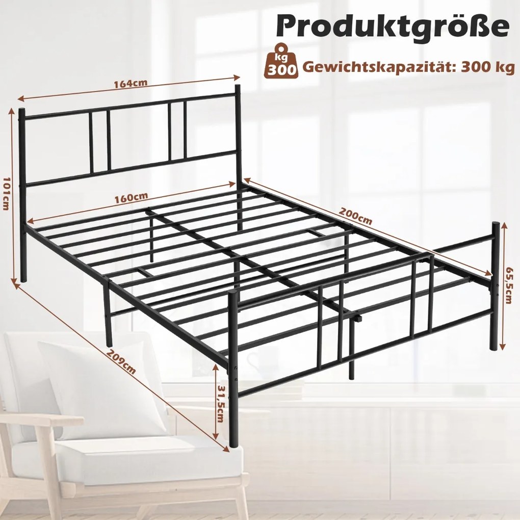 Costway Kovový rám postele Rám s čelem a podnožkou – 200 × 160 cm, černý