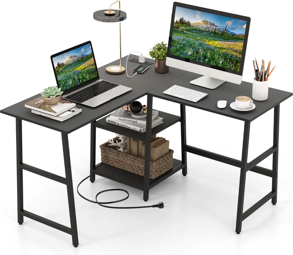 Costway Desk Rohový stůl ve tvaru L se zásuvkami a USB porty – 120 × 120 × 75 cm