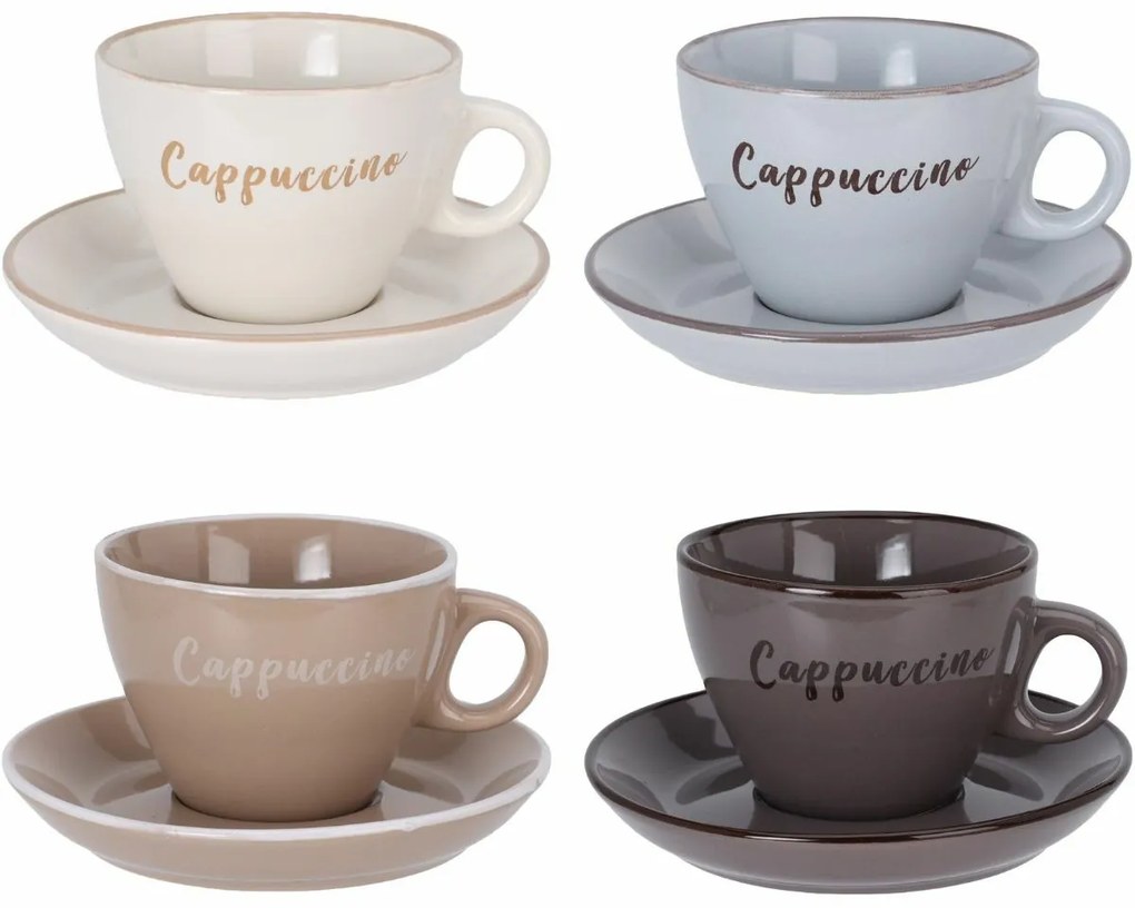 Sada 4 kameninových šálků s podšálky Cappuccino 220 ml, mix barev