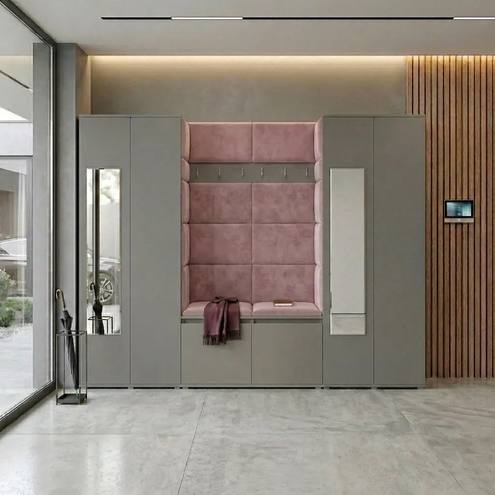 Předsíňová stěna Trinity 10 s čalouněnými panely, 280 cm, grafit/ světle růžová