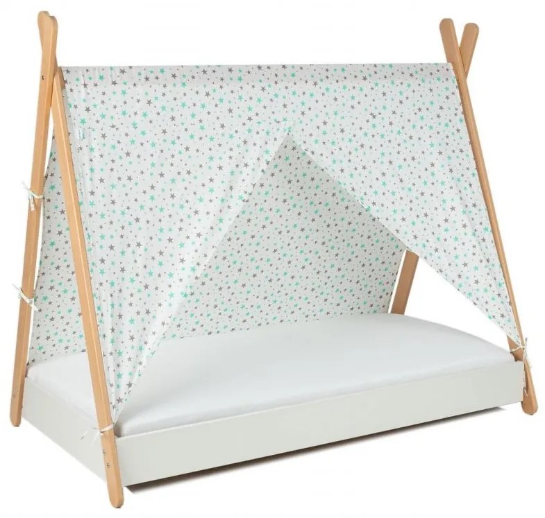 Dětská postel TIPI se stříškou Barva: Bílá / šedo-mentolové hvězdičky