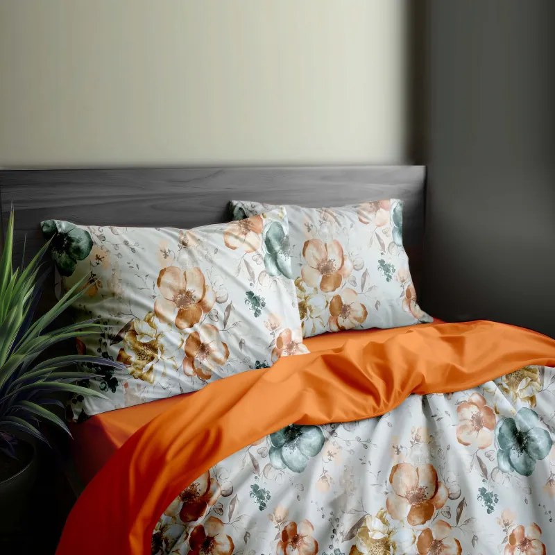 Ervi bavlněné povlečení oboustranné - oranžové akvarelové květiny/oranžové