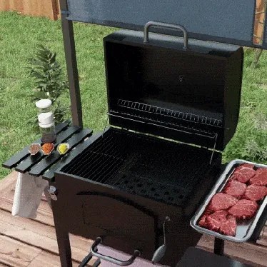 Outsunny gril na dřevěné uhlí BBQ gril Smoker, nastavitelná přihrádka na uhlí, boční odkládací plochy, 124 x 66 x 112 cm, černý