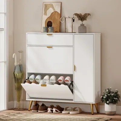 HOMCOM botník na 12 párů, botník, 2 sklopné zásuvky, 4 přihrádky, 99,4x23,8x106,6cm, bílý