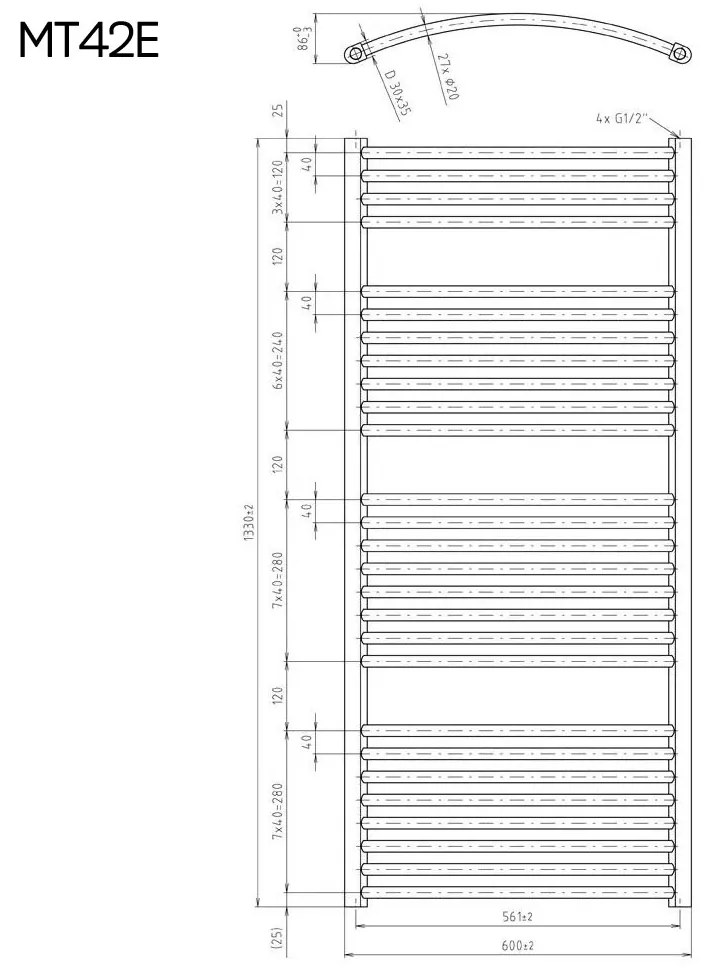 Mereo otopný žebřík oblý 600x1330 mm elektrickýbílý MT42E