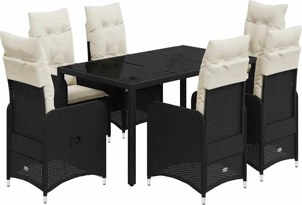 7dílný zahradní bistro set s poduškami černý polyratan 3276992