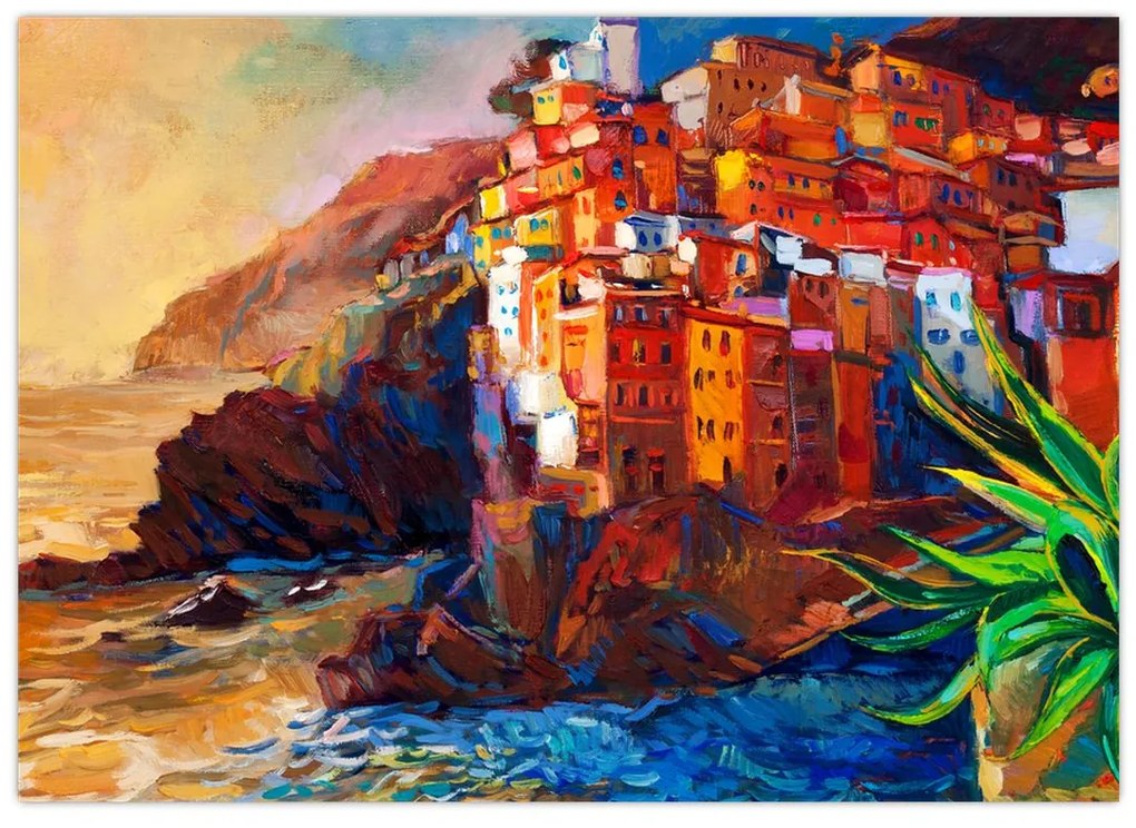 Skleněný obraz - Vesnice na pobřeží Cinque Terre, Italská riviéra, moderní impresionismus (70x50 cm)