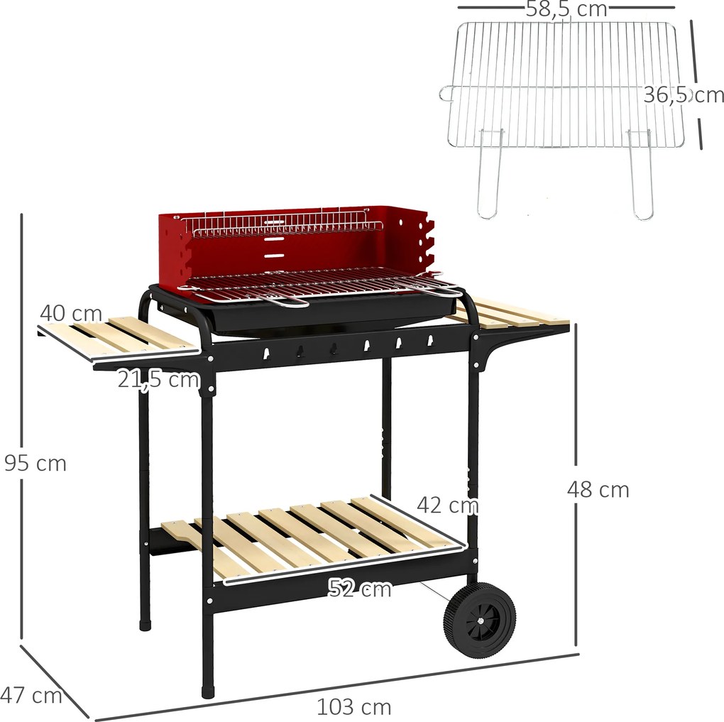 Kovový gril na dřevěné uhlí BBQ udírna s kolečky, výškově nastavitelný grilovací rošt, stojan na dřevo 103x47x95 cm červený