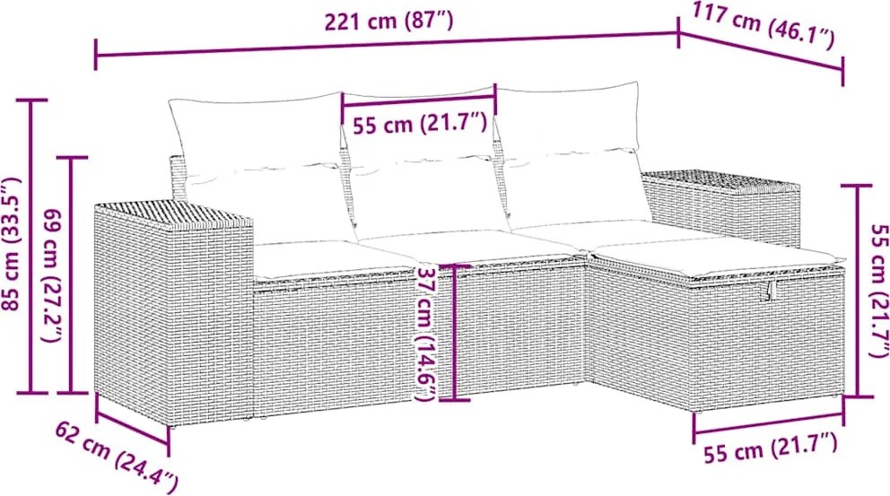 4dílná zahradní sedací souprava a podušky světle šedá polyratan 3264378