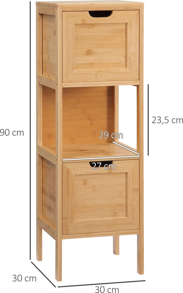 Kleankin volně stojící koupelnová skříňka se skříňkami a bambusovými nohami, 2 odnímatelné zásuvky a 1 police - přírodní design - 30 x 30 x 90 cm | Ao