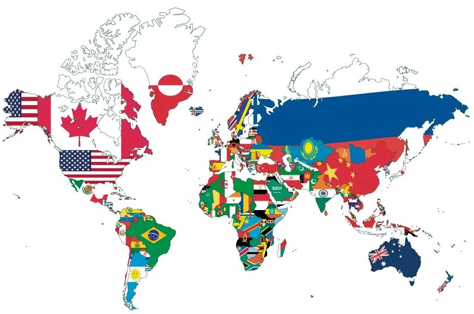 Tapeta mapa světa s vlajkami s bílým pozadím