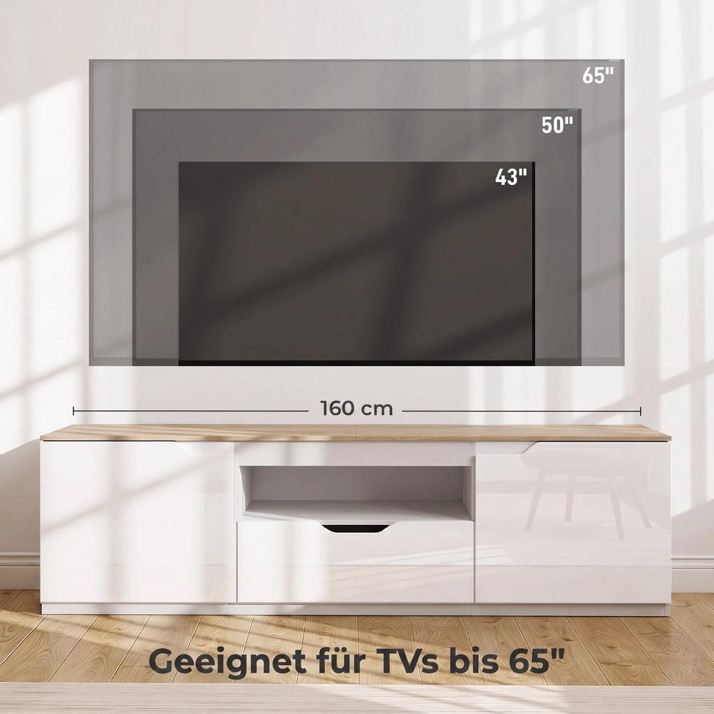 HOMCOM TV nízká komoda, vysoký lesk, pro televizi až 65'', 3 přihrádky, zásuvka, 160 x 38 x 43 cm, přírodní dřevo