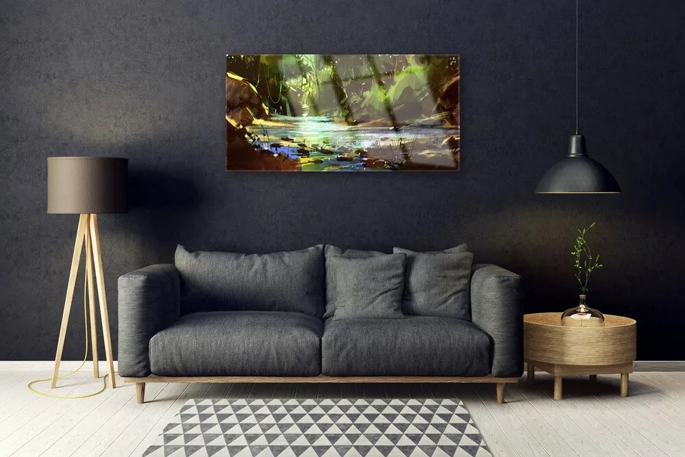 Obraz na skle Les Jezero Kameny Příroda 125x50 cm