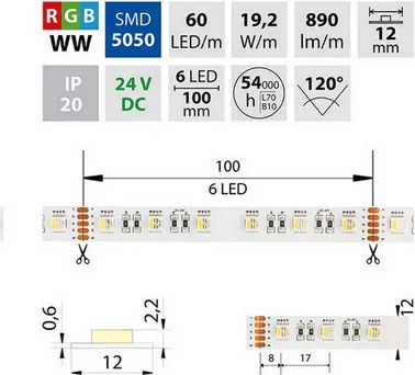 LED pásek McLED 24V RGBW WW teplá bílá 12mm IP20 19,2W/m ML-128.635.60.2