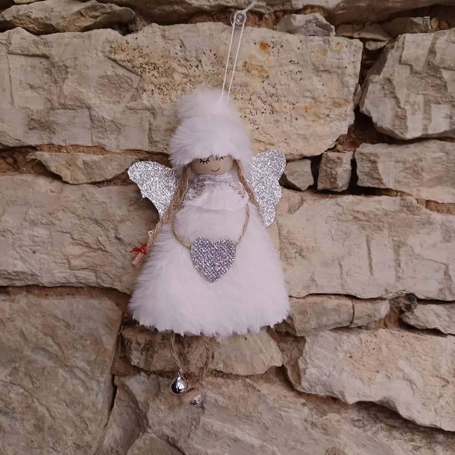 Sada vánočních ozdob andílků 11,5 cm, bílá, dřevo, příze