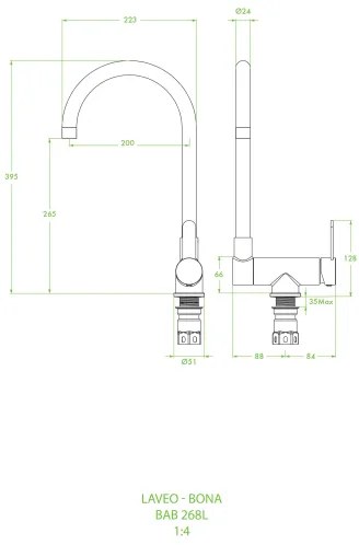 Laveo Bona, kuchyňská baterie stojící h-395, ušlechtilá ocel, LAV-BAB_268L