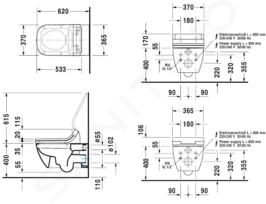 DURAVIT - Happy D.2 Závěsné WC pro bidetové sedátko SensoWash, Rimless, sWonderGliss, bílá (25505900001)