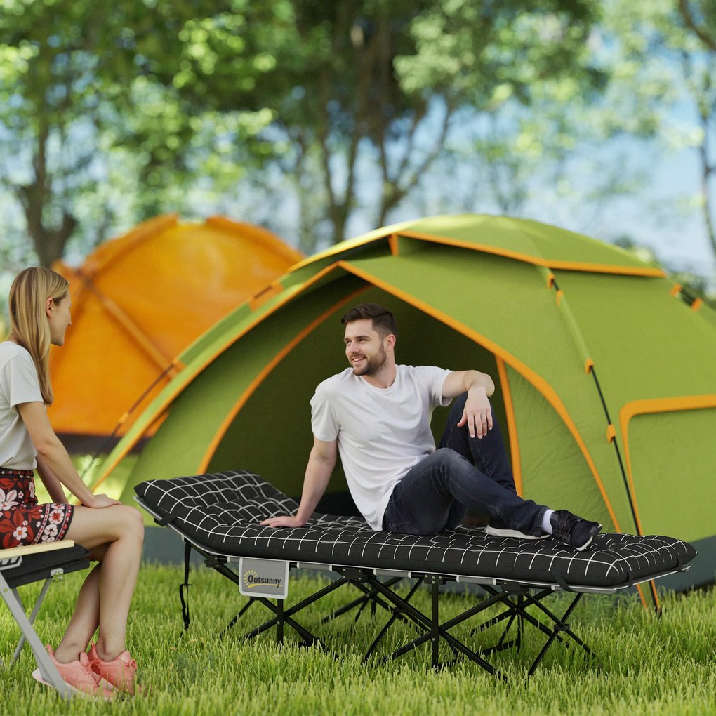Skládací kempinkové lůžko, kempinkové lůžko s matrací, ergonomické, kovový rám, černá barva