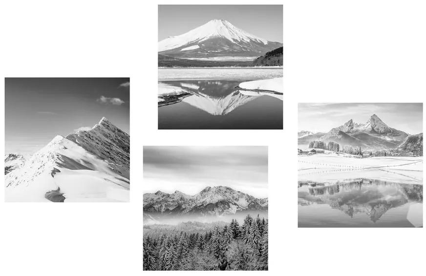 Set obrazů zasněžené hory v černobílém