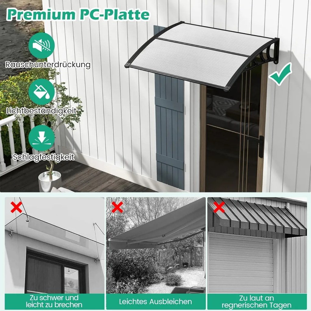 Costway Stříška na přední dveře Stříška z hliníku a polykarbonátu 150 x 100 x 28