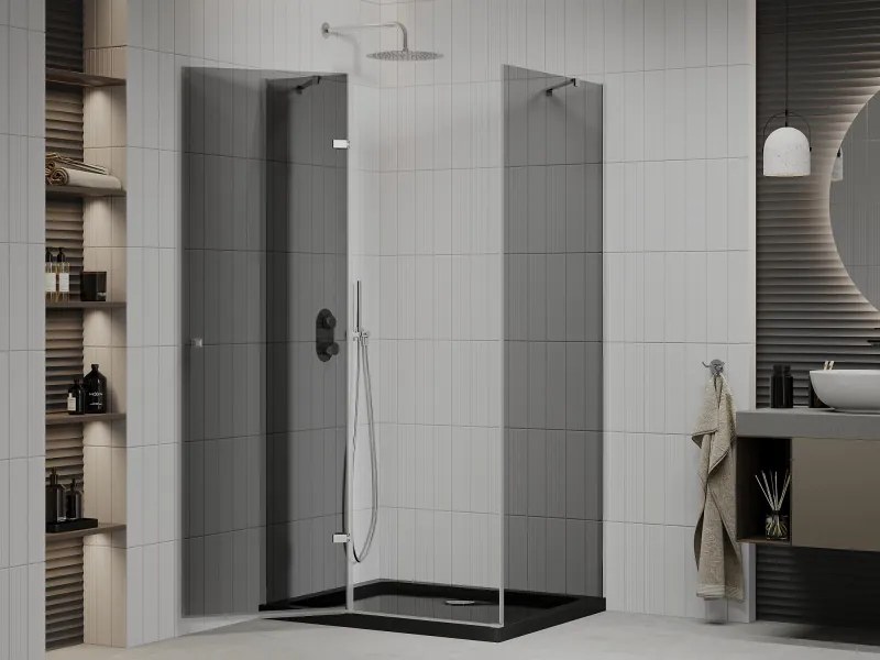 Mexen Roma, sprchový kout s křídlovými dveřmi 80 (dveře) x 100 (stěna) cm, 6mm šedé sklo, chromový profil + slim sprchová vanička černá + chromový sifon, 854-080-100-01-40-4070