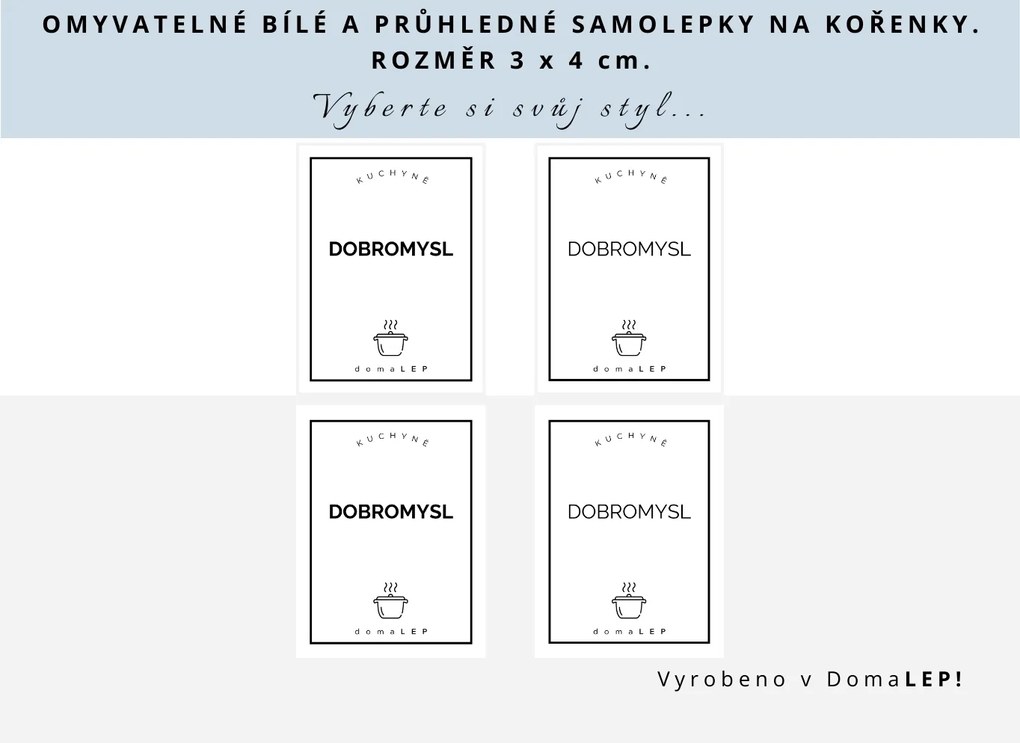 DOBROMYSL - Samolepka na kořenky 3 x 4 cm - DomaLEP varianta: BÍLÁ - tučné písmo