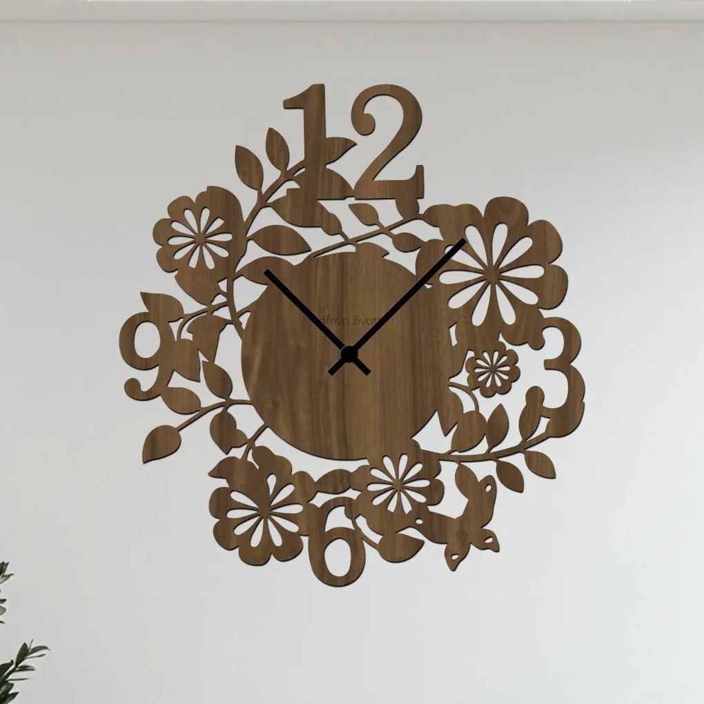 dřevo života Nástěnné hodiny FLOWERS Zvolte barvu dekoru: Černá, Zvolte velikost hodin (cm): 50x50, Barva ručiček: Stříbrné