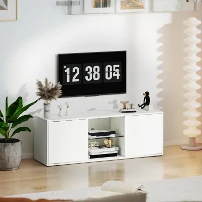HOMCOM TV stolek pro až 55" plovoucí nebo na podlaze, dveře s tichým zavíráním, průchod kabelů a skleněná police, bílá