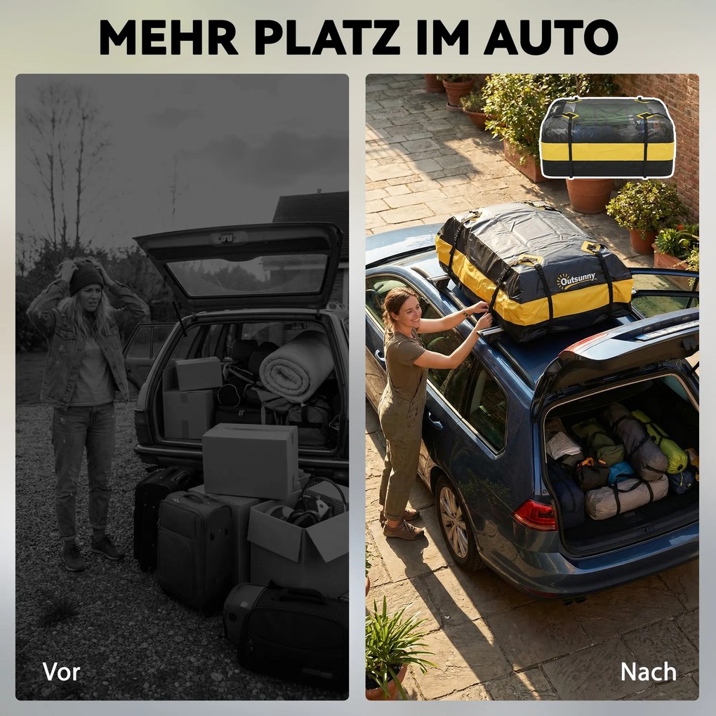 Outsunny Vodotěsný střešní box na auto 425L pro střechy vozidel s/bez střešního nosiče, kufrový box s 8 zesílenými popruhy, háčky dveří, žlutá