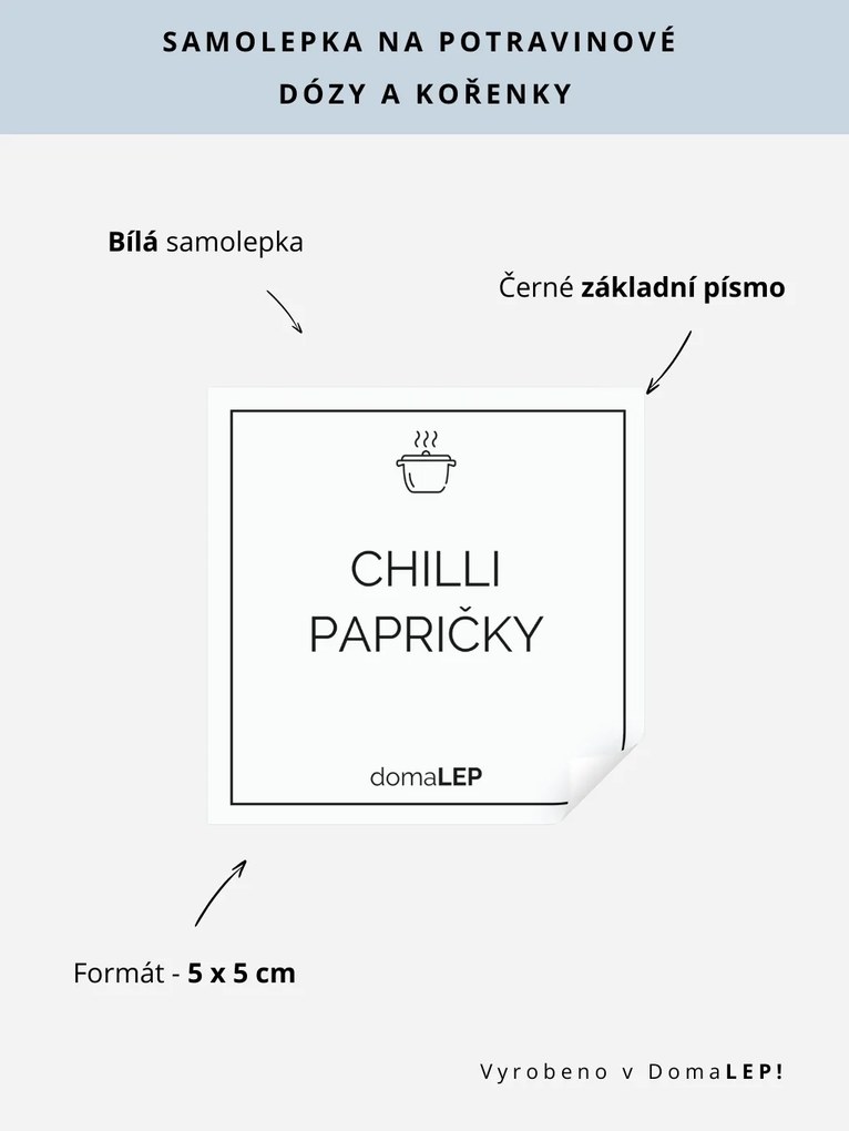 Samolepka na kořenky CHILLI PAPRIČKY bílá 5 × 5 cm základní písmo