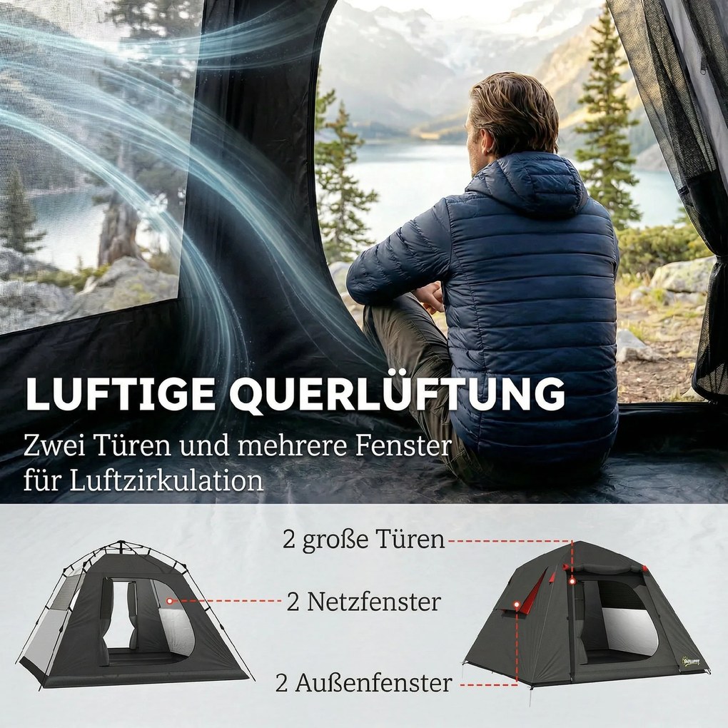 Outsunny stan pro 2 osoby, voděodolný 3000 mm – kupolový stan s 2 vchody, 4 okny, transportní taškou a háčkem na lucernu – kempování/turistika/cesty
