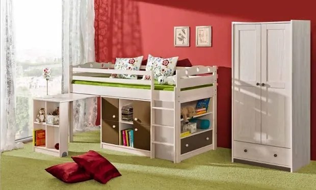 Dolmar Dětská vyvýšená postel + 2 komody KAMIL barevné provedení doplňků: bílá, barva doplňků: zelená
