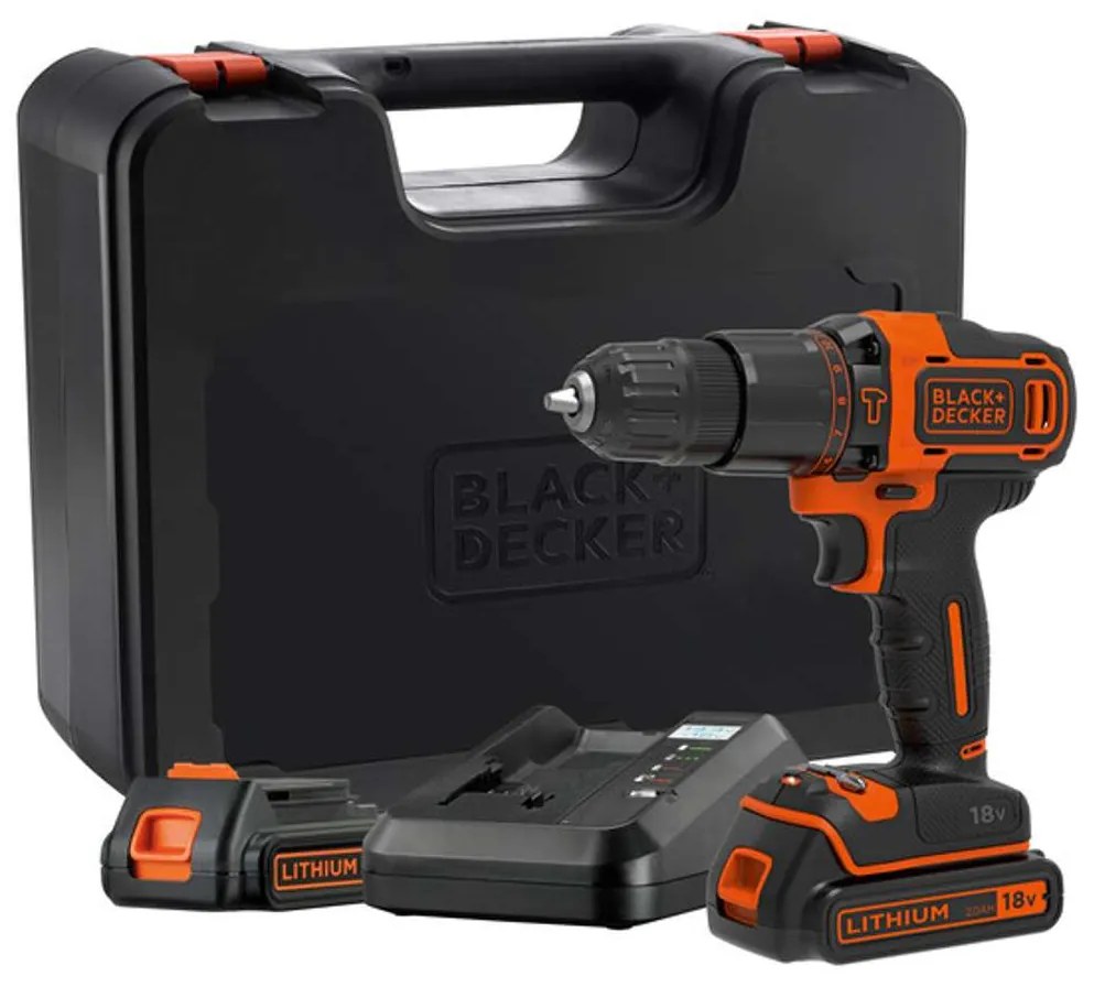 BLACK+DECKER Nářadí - 18V AKU vrtačka s příklepem, 2x aku 2,0 Ah Li-Ion, nabíječka BDCHD18K1B2-QW