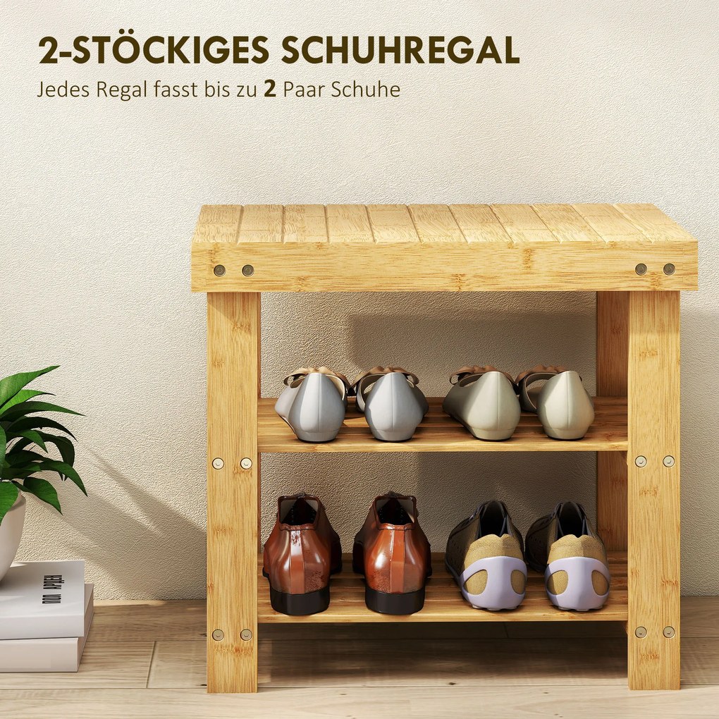 HOMCOM Bambusová botníková lavice s místem k sezení, 3-vrstvá botníková organizace pro 4 páry obuvi, rozměry 50x28x45 cm