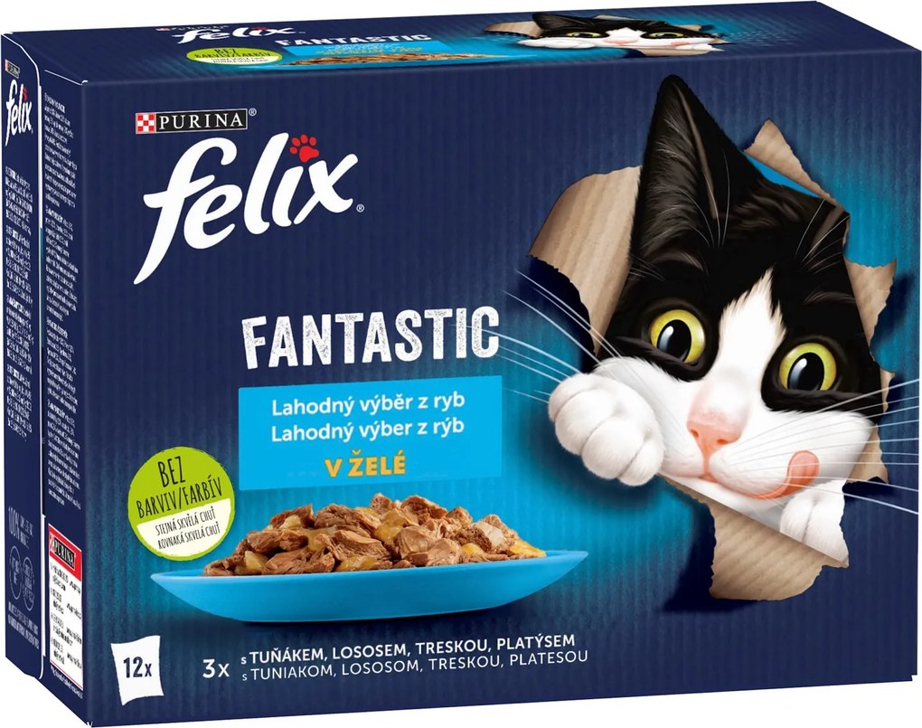 Felix Fantastic Kapsičky pro kočky tuňák, losos, treska, platýs v želé 12 x 85 g