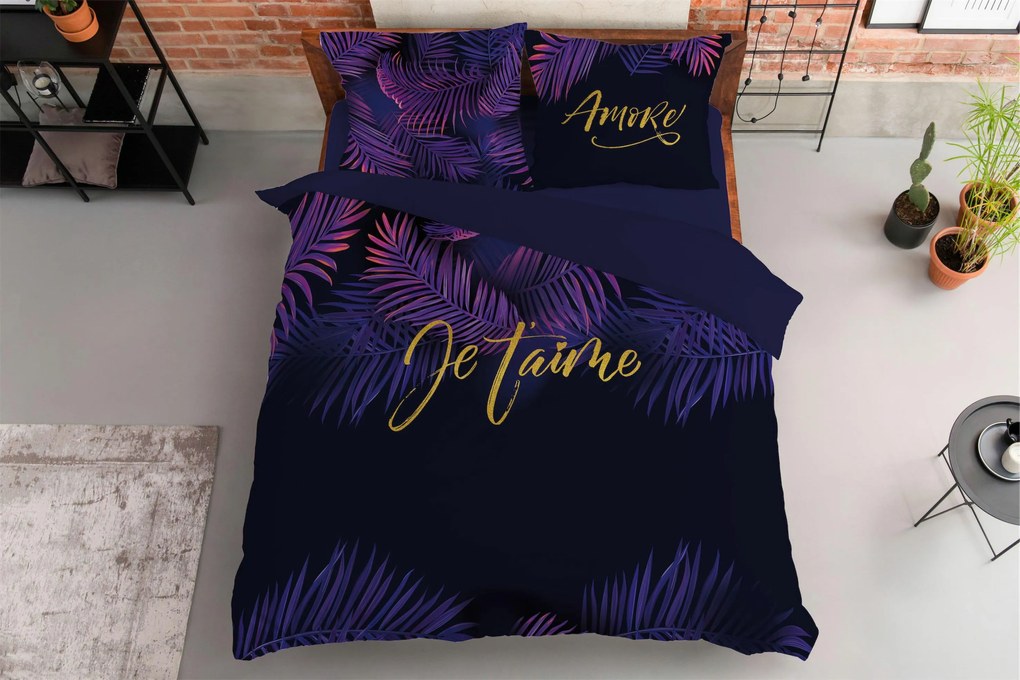 Detexpol Bavlněné povlečení 220x200 Je t`aime purple leaves black navy 4415 A Holland Home 45