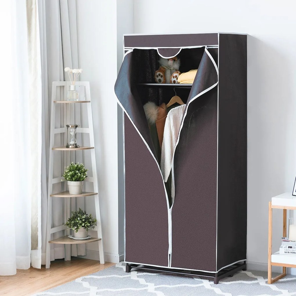 Costway Šatní skříň textilní látková s tyčí na šaty – 75 × 50 × 170 cm, hnědý