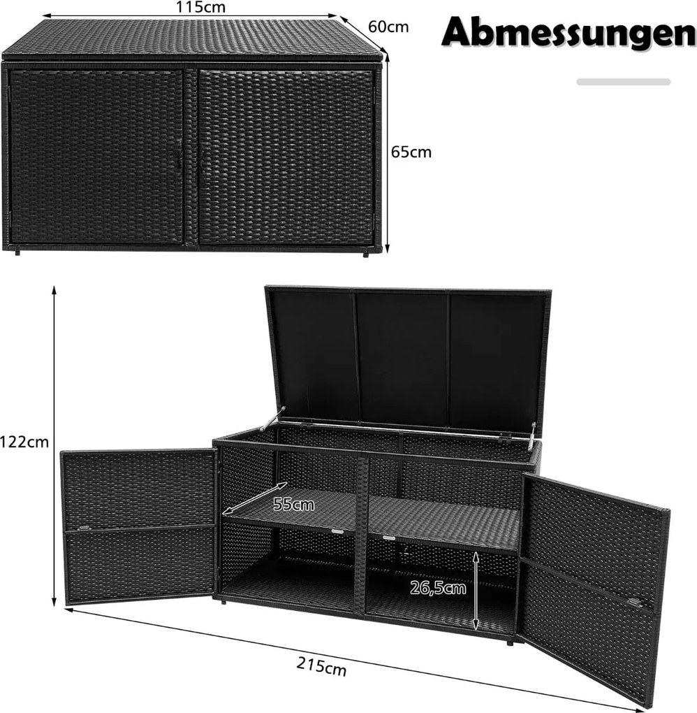 Costway Ratanový terasový box s objemem 335 l – 115 × 60 × 65 cm, šedá