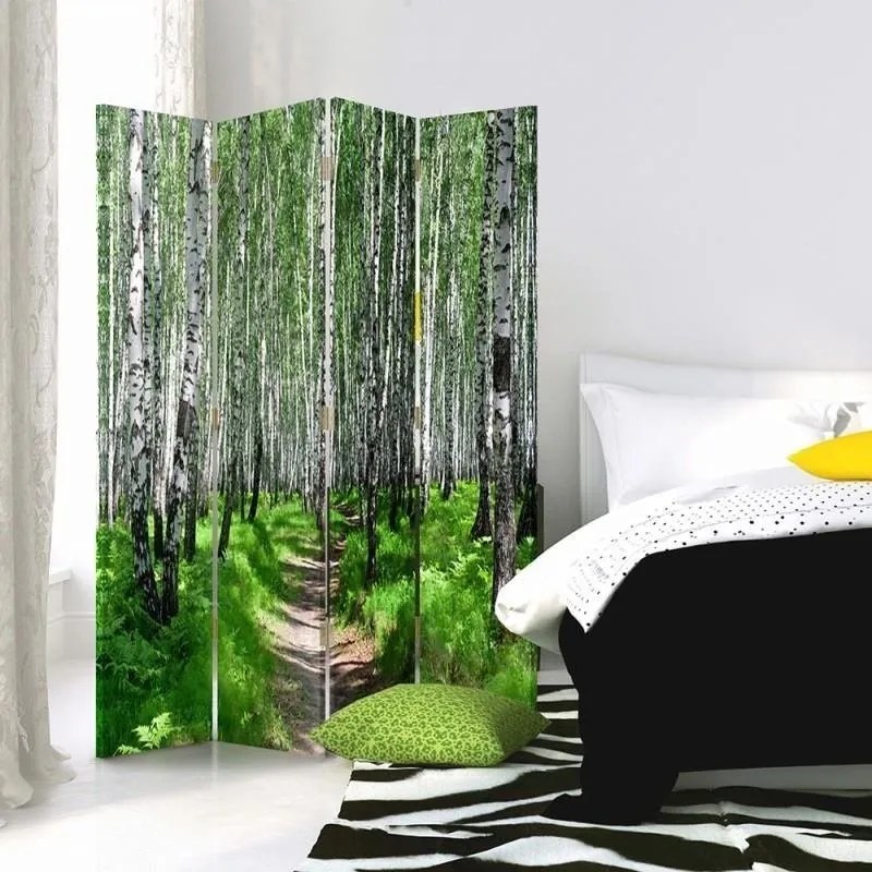 Ozdobný paraván Příroda březového lesa - 145x170 cm, čtyřdílný, obustranný paraván 360°