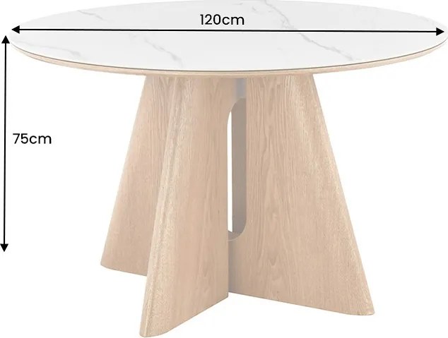 Kulatý keramický jídelní stůl Yenibeth 120 cm bílý mramor / dub