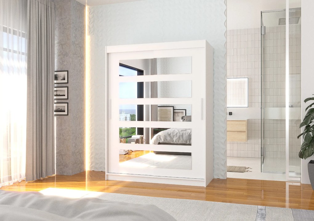 Posuvná skříň se zrcadlem MURANI 150 Hlavní barva: Bílá, LED osvětlení: Ano