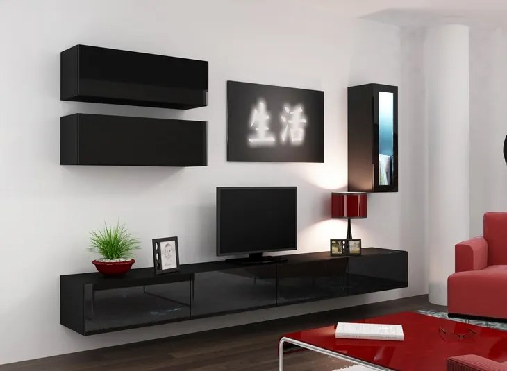 Luxusní obývací stěna VIGO 12 Černá / Černý lesk BARVA LED OSVĚTLENÍ: bez osvětlení +0Kč, Barevné provedení: VIGO 12A