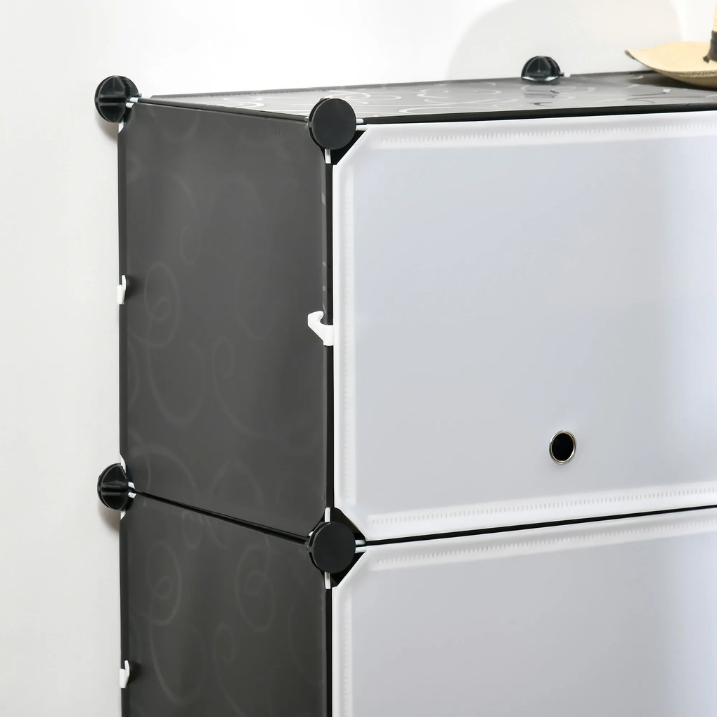 HOMCOM Botník Úložný box s 12 kostkami DIY zásuvný regál s dvířky Plastová ocel Černá+bílá 125 x 32 x 125 cm